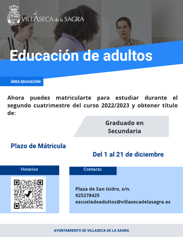 Graduado en Secundaria. Nuevo plazo de matriculación | Ayuntamiento de Villaseca de la Sagra